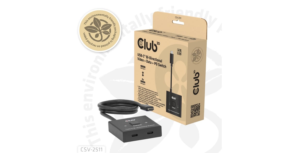 Club 3D USB-C Bi-Directional Video + Data + PD Switch usb-switch Zwart
